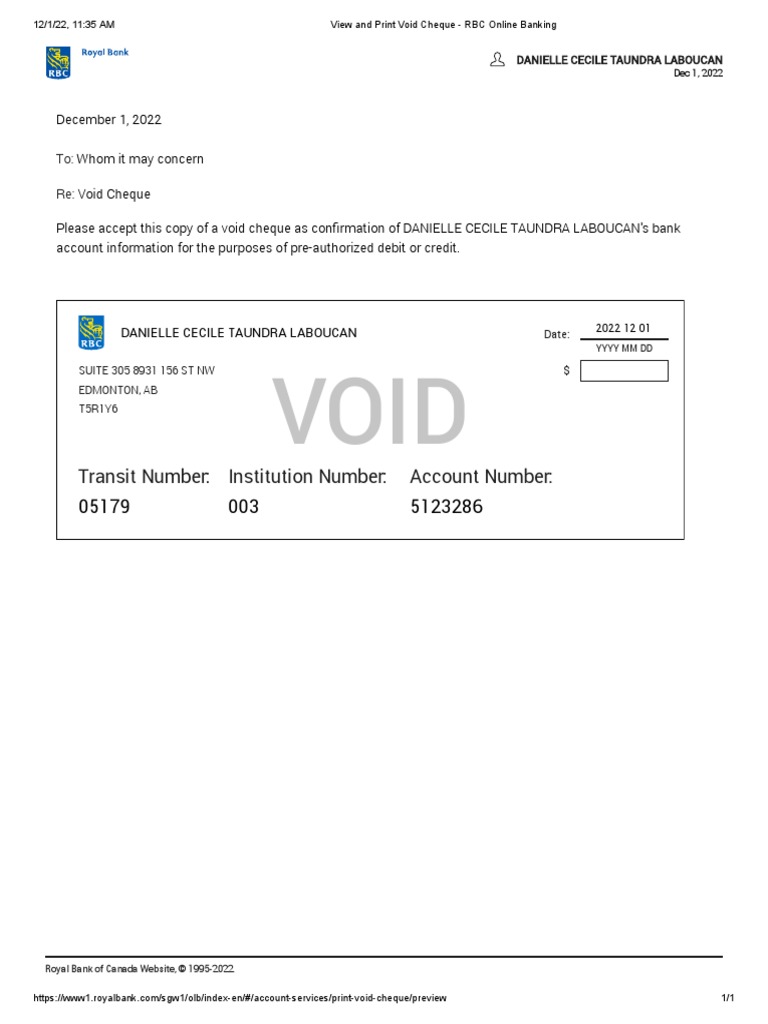 View and Print Void Cheque - RBC Online Banking | PDF