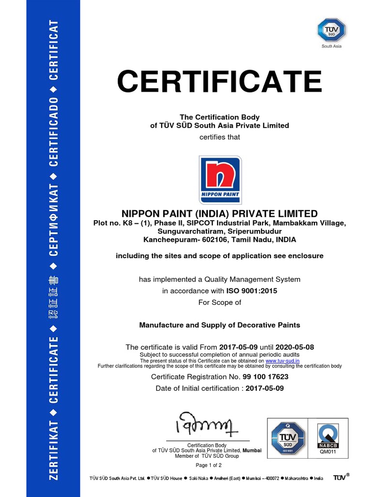 Certificate: Nippon Paint (India) Private Limited | PDF | Iso 9000 ...