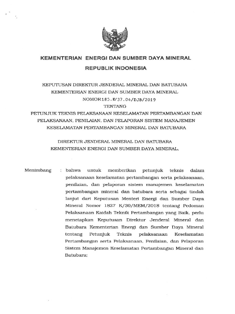 Petunjuk Teknis Keselamatan Pertambangan Dan SMKP Minerba | PDF