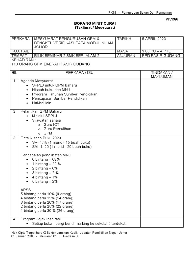 Minit Curai Bengkel Verifikasi Data Modul Nilam Johor 2023 | PDF