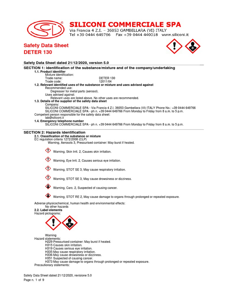 DETER 130 (SDS - UK) Rev5.0 | PDF | Dangerous Goods | Toxicity