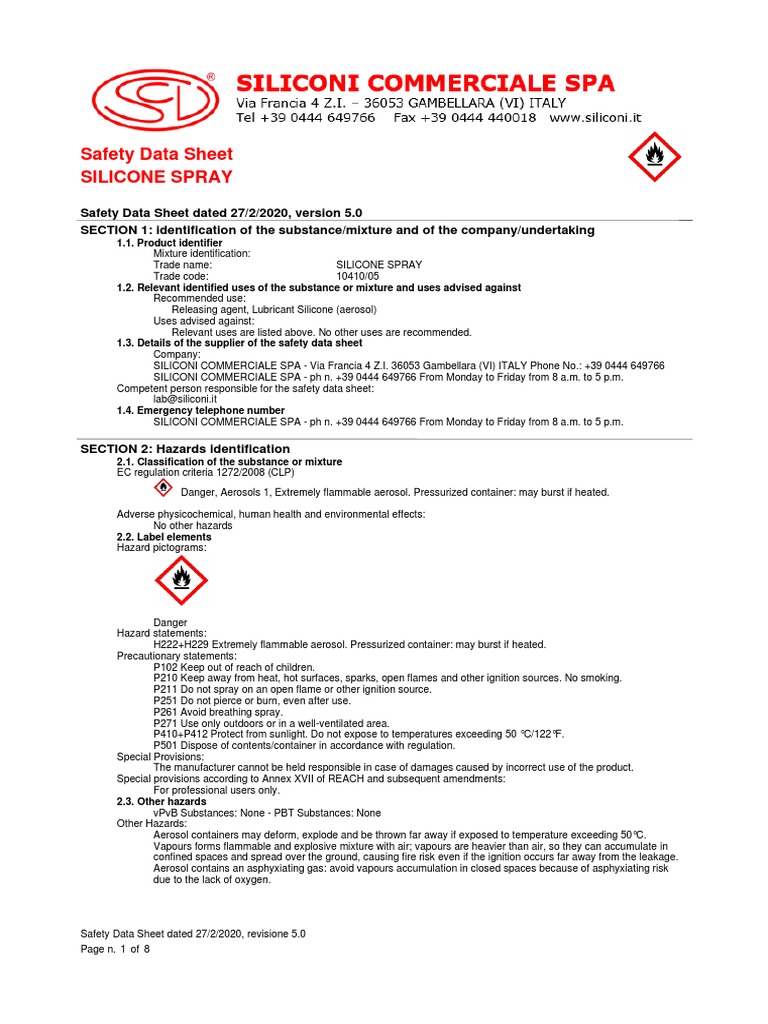SILICONE SPRAY (SDS - UK) Rev5.0 | PDF | Dangerous Goods | Toxicity