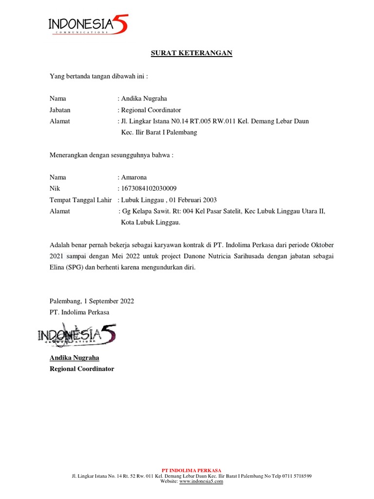 Surat Keterangan Kerja Amarona di Indolima | PDF