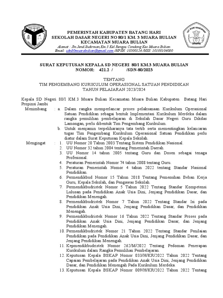 SK TIM KOSP Kurikulum Merdeka Mandiri Berubah | PDF