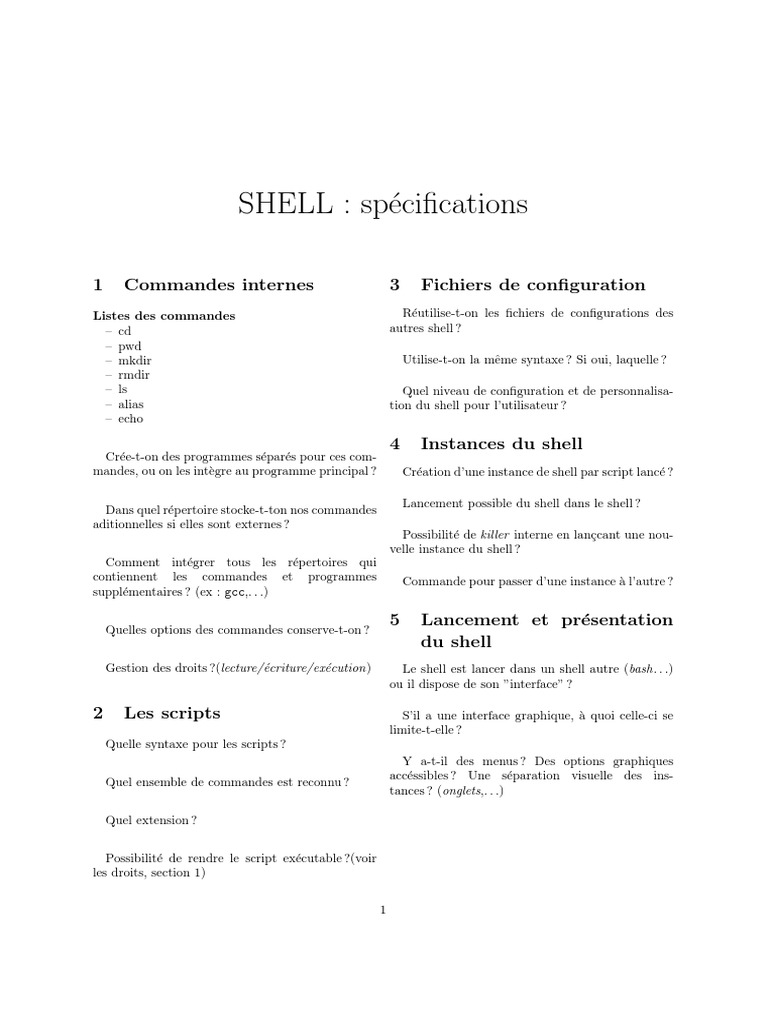 SHELL: SP Ecifications: 1 Commandes Internes 3 Fichiers de ...