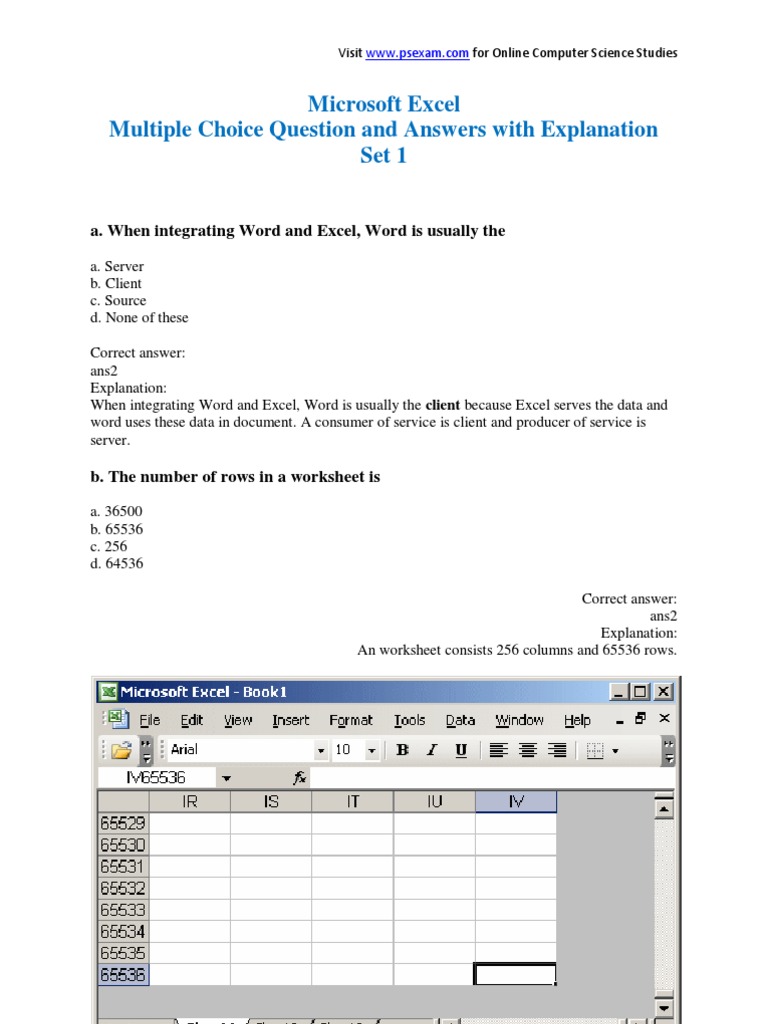 Ms Excel MCQ Set 1 | PDF | Multiple Choice | Microsoft Excel