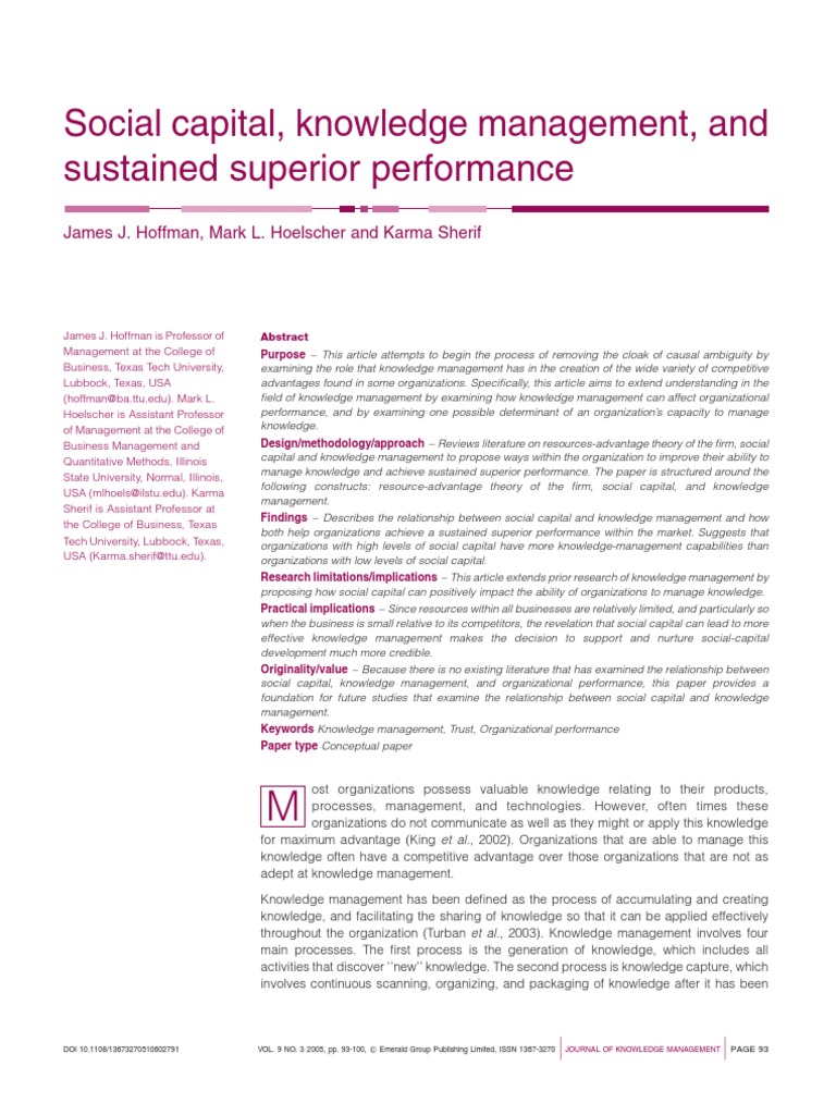 Social Capital Knowledge Management Superior Performance | PDF | Social Capital | Knowledge ...