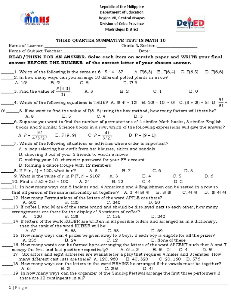 Math 10 Third Quarter Summative Test | PDF | Mathematics | Permutation