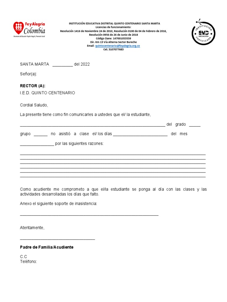 Formato de Excusa Por Inasistencia | PDF Formato de Excusa Por Inasistencia | PDF