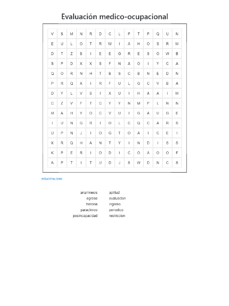 Sopa de Letras Evaluacion Medico Ocupacional | PDF