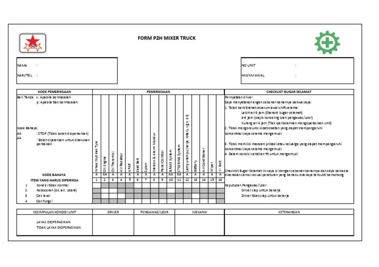 Form P2H Mixer Truck dan Checklist | PDF