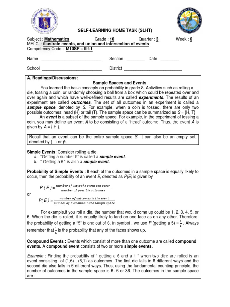 Math10 SLHT, q3, Wk6, M10sp-Iiif-1 | PDF | Probability | Probability And Statistics