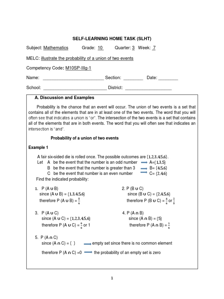 Math10 SLHT, q3, Wk7, M10sp-Iiig-1 | PDF | Probability | Teaching