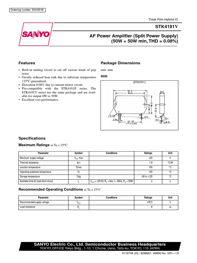 STK4191V Sanyo | Download Free PDF | Power Supply | Amplifier