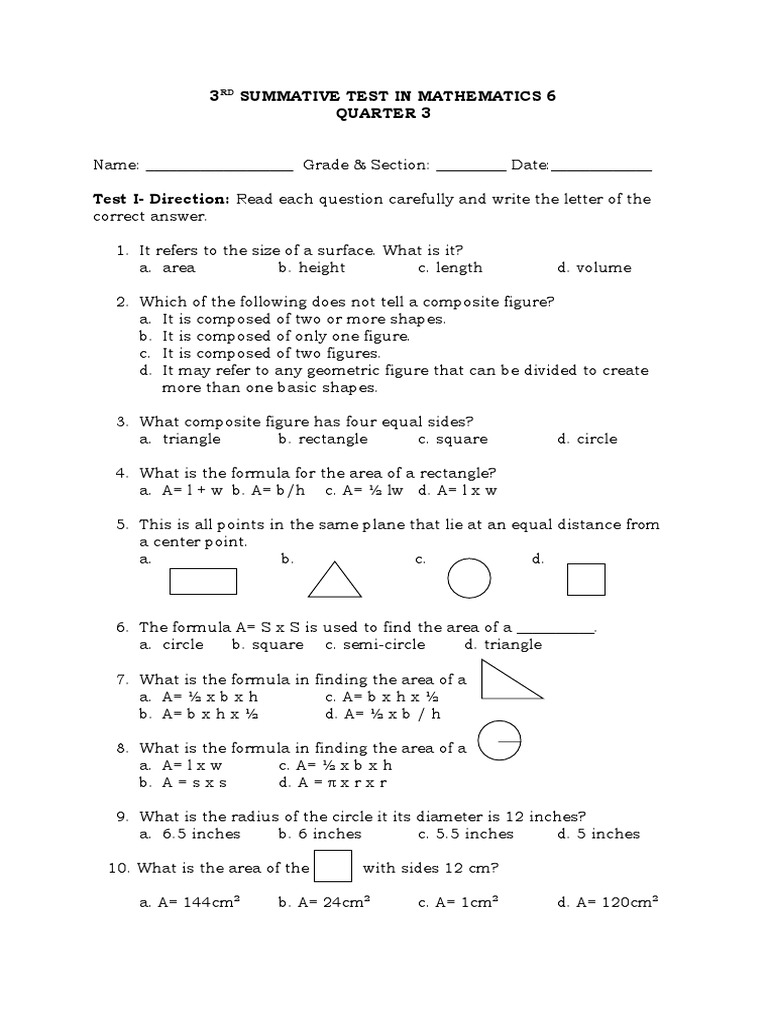 3rd Grade Math Summative Test | PDF | Area | Geometric Measurement