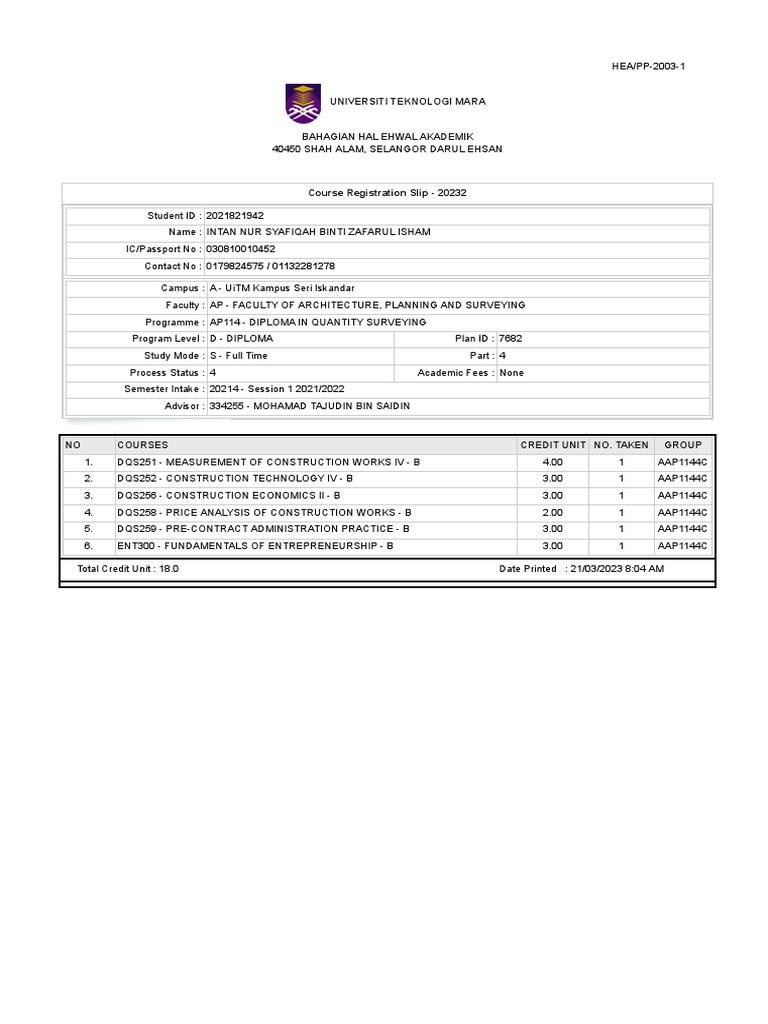 UiTM Course Registration Slip 20232 | PDF