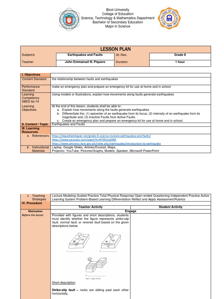 Detailed Lesson Plan 2 | PDF | Fault (Geology) | Earthquakes