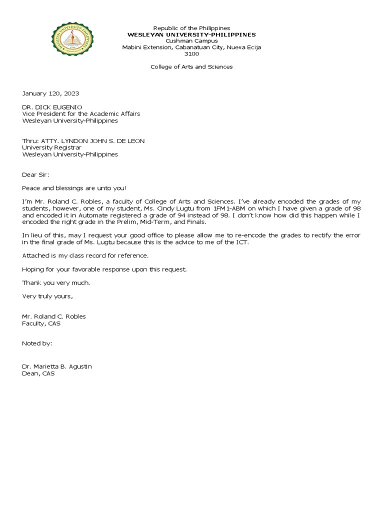 Wesleyan University Philippines Faculty Requests Grade Correction | PDF