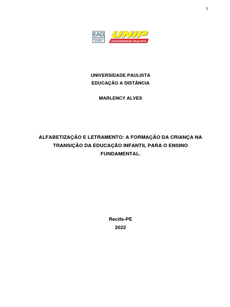 TCC Alfabetização e Letramento - Unip | PDF | Aprendizado | Alfabetização