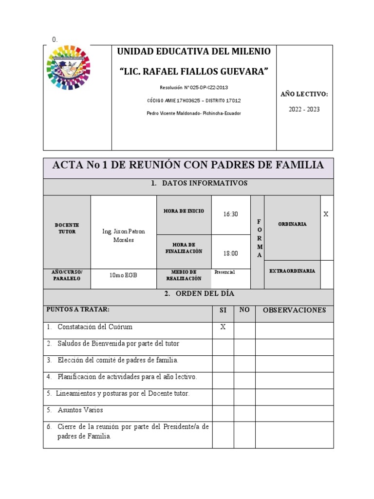 Acta de Reunión Con Padres de Familia | PDF