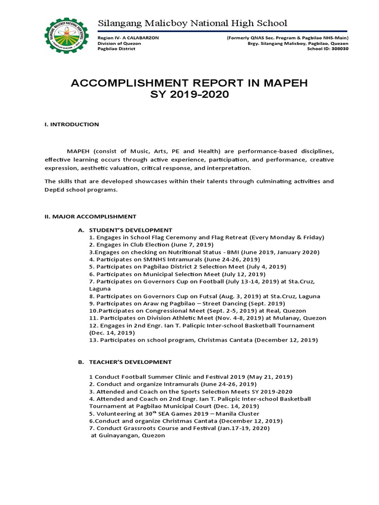 MAPEH Accomplishment Report 2019-2020 | PDF | Emergency Management ...