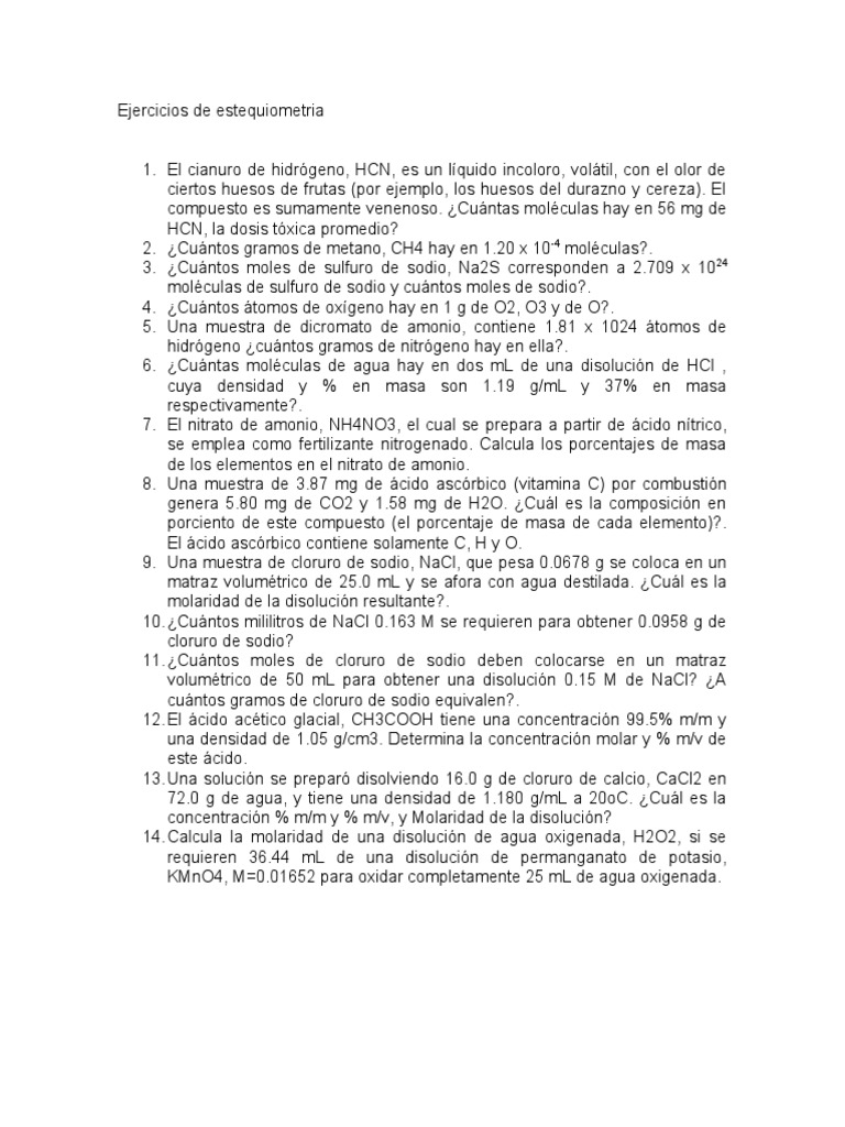 Ejercicios de Estequiometria | PDF | Ácido | Concentración