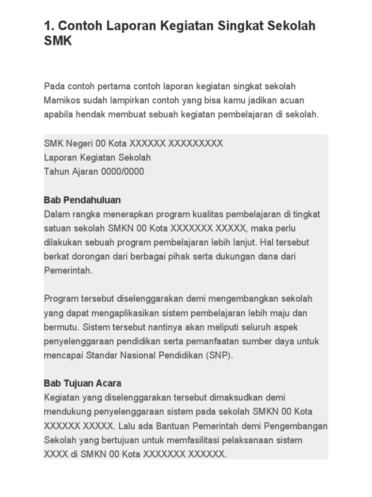 Contoh Laporan Kegiatan Singkat Sekolah SMK | PDF