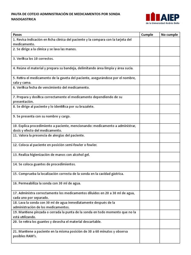 Pauta de Cotejo Administración de Medicamentos Por SNG | PDF