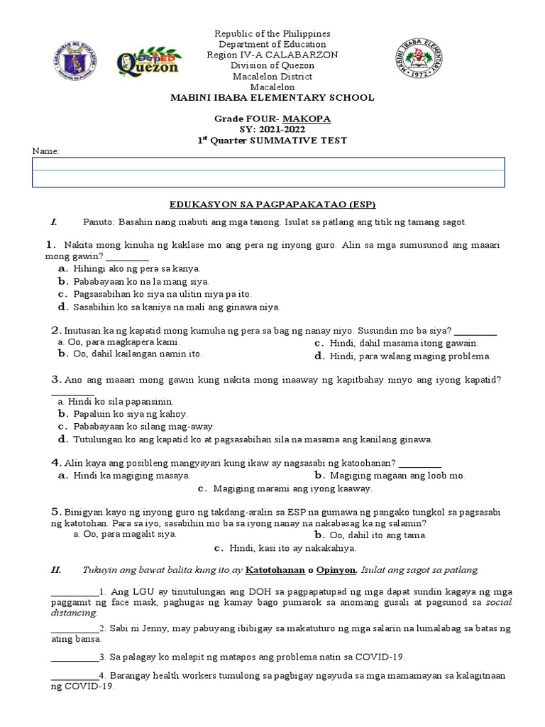 Grade 4 - SUMMATIVE TEST - QUARTER I | PDF