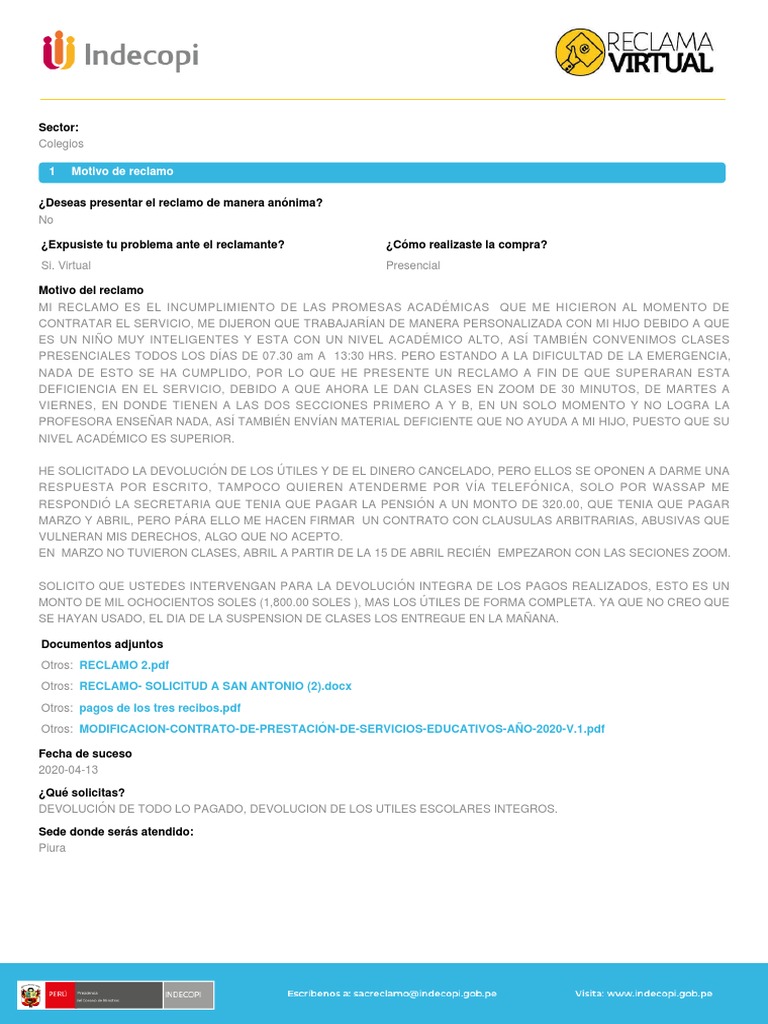Reclamo Virtual INDECOPI - Doc - 1589848697722 | PDF