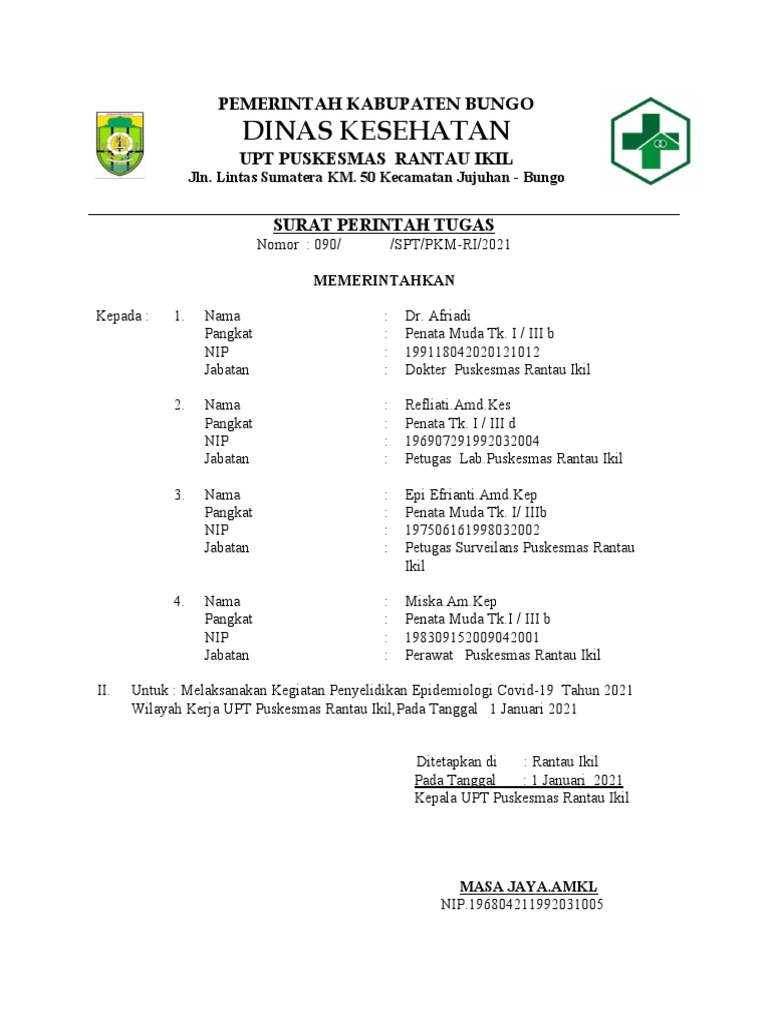 Surat Perintah Tugas Tim Penyelidikan Epidemiologi Covid-19 Puskesmas ...