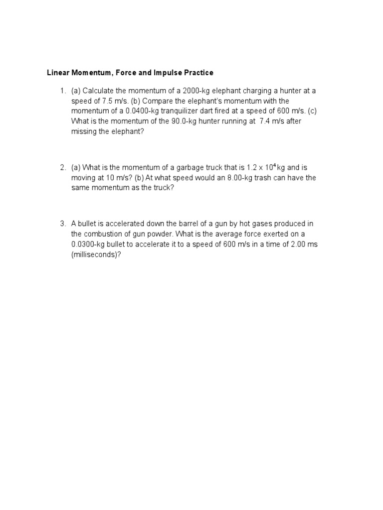 Linear Momentum, Force and Impulse Practice | PDF
