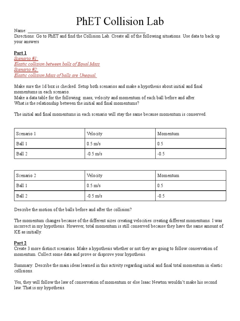 PhET Collisions Lab 1 | PDF | Momentum | Collision