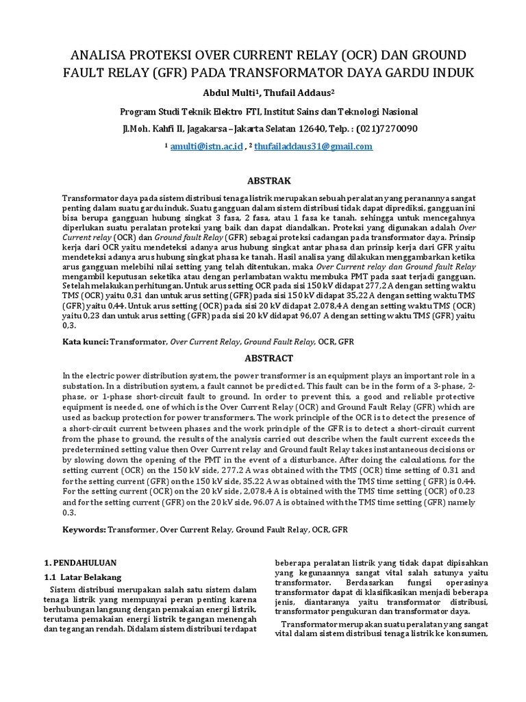 Analisa Proteksi Over Current Relay (Ocr) Dan Ground Fault Relay (GFR) Pada Transformator Daya ...