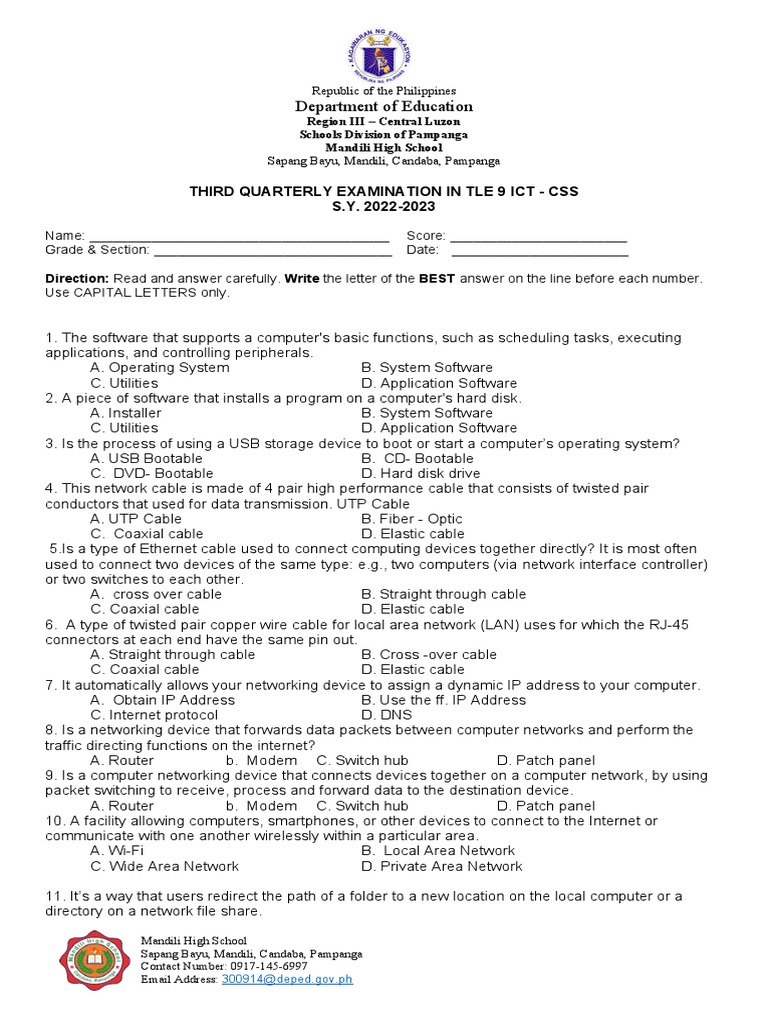 3RD Quarterly Examination in Tle 9 Ict | PDF | Computer Network | Transmission Medium