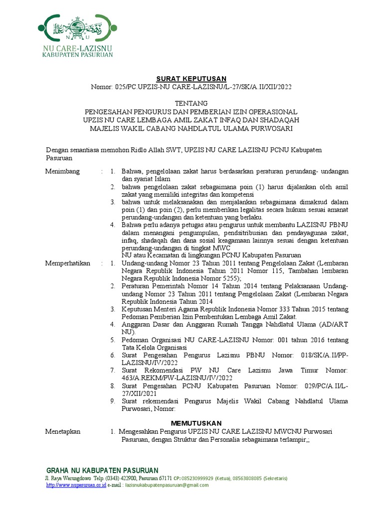 SK Upzis Nu Care MWC Purwosari | PDF