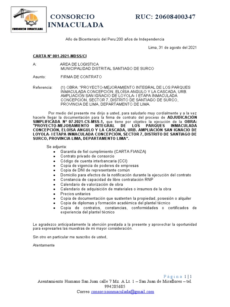 Carta Presetacion Fima de Contrato | PDF | Lima | América del Sur