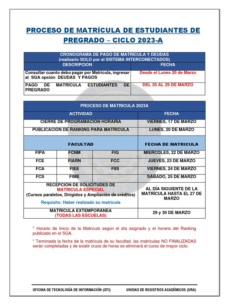 Cronograma Del Proceso de Matricula - Ciclo 2023a | PDF