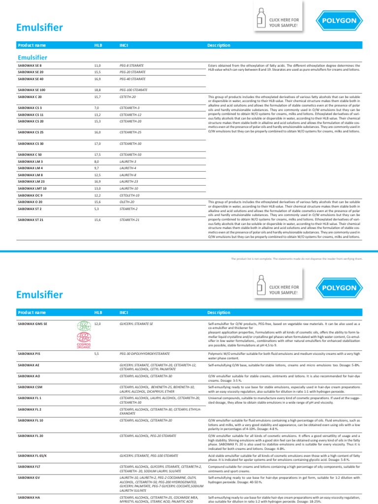Emulsifier For Personal Care | PDF | Emulsion | Physical Chemistry