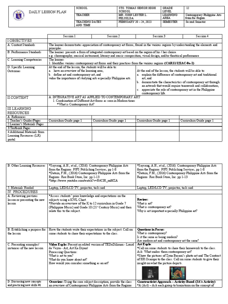DLL Contemporary Arts | PDF | Curriculum | Learning