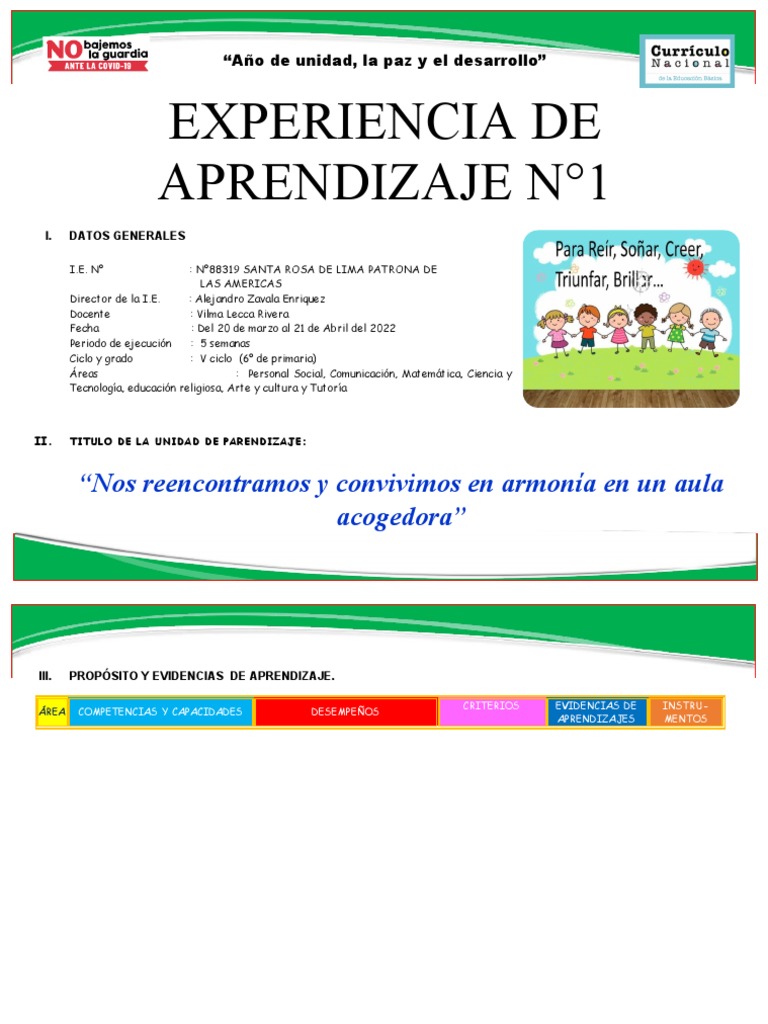 Experiencia de Aprendizaje N°1: "Nos Reencontramos y Convivimos en Armonía en Un Aula Acogedora ...