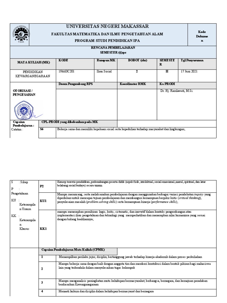 Rencana Pembelajaran Semester Mata Kuliah Pendidikan Kewarganegaraan di Program Studi Pendidikan ...