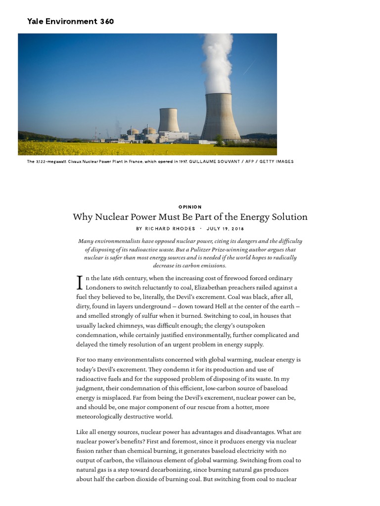 Rhodes 2018 Why Nuclear Power Must Be Part of The Energy Solution - Yale E360 | PDF | Nuclear ...