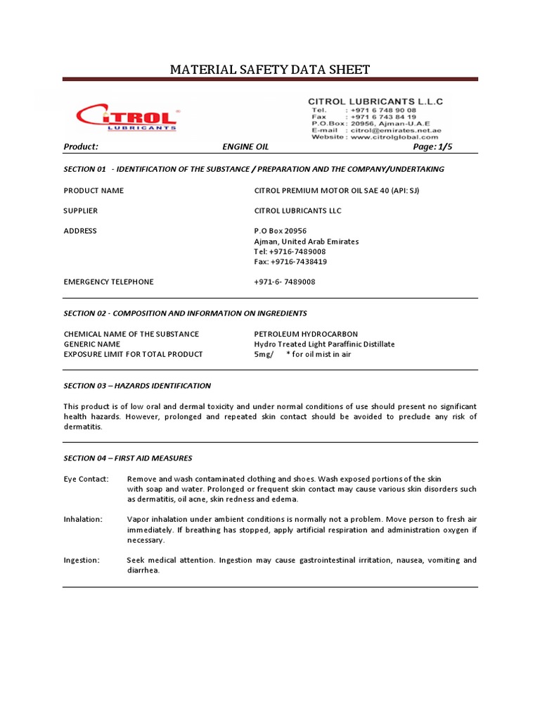MSDS PREMIUM MOTOR OIL API SJ SAE 40 Material Safety Certificate Citrol ...