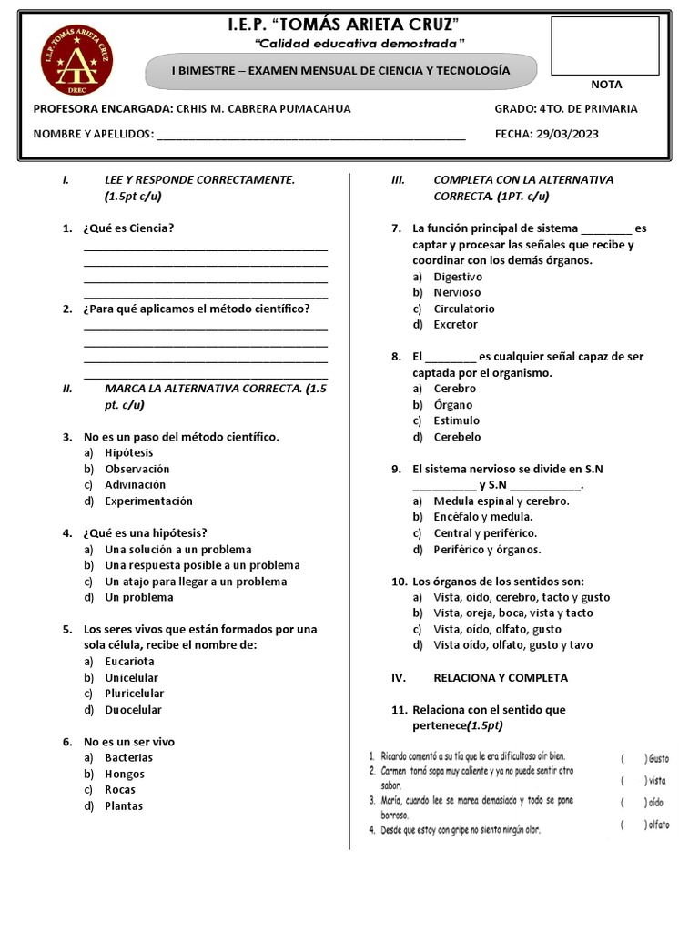 Examen de Ciencia 4to Grado | PDF | Sistema digestivo humano | Neurociencia