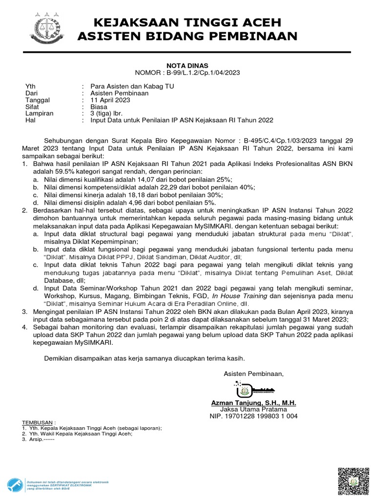 B-99 - Input Data Untuk Penilaian IP ASN Kejaksaan RI Tahun 2022 | PDF