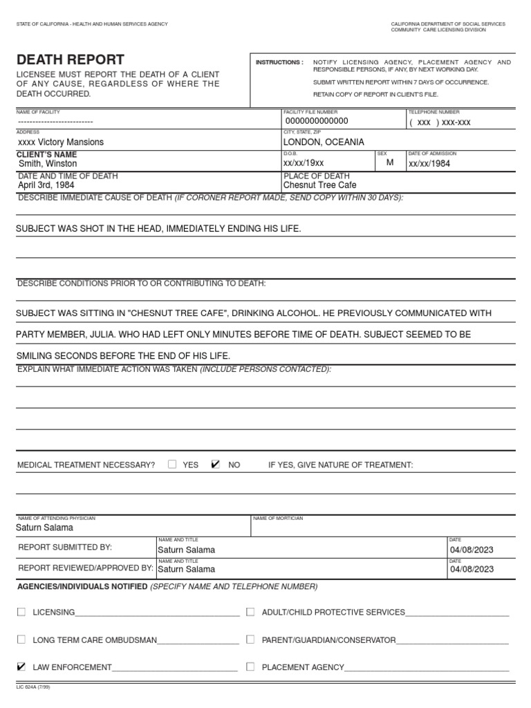 Death Report Form - Winston | PDF | Health Sciences | Medicine