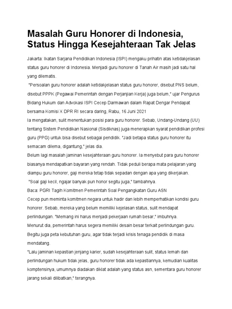 Masalah Kesejahteraan Guru Honorer | PDF
