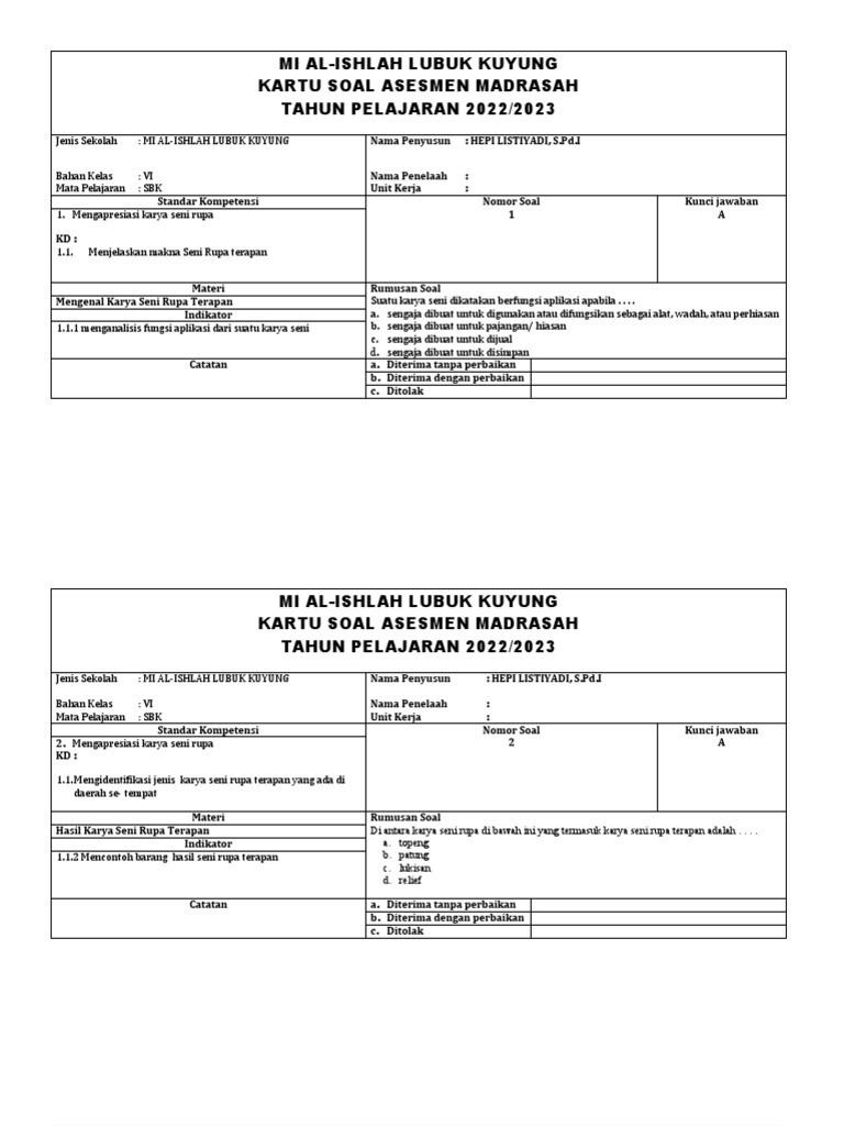 Kartu Soal Asemsen Seni Budaya SBK | PDF