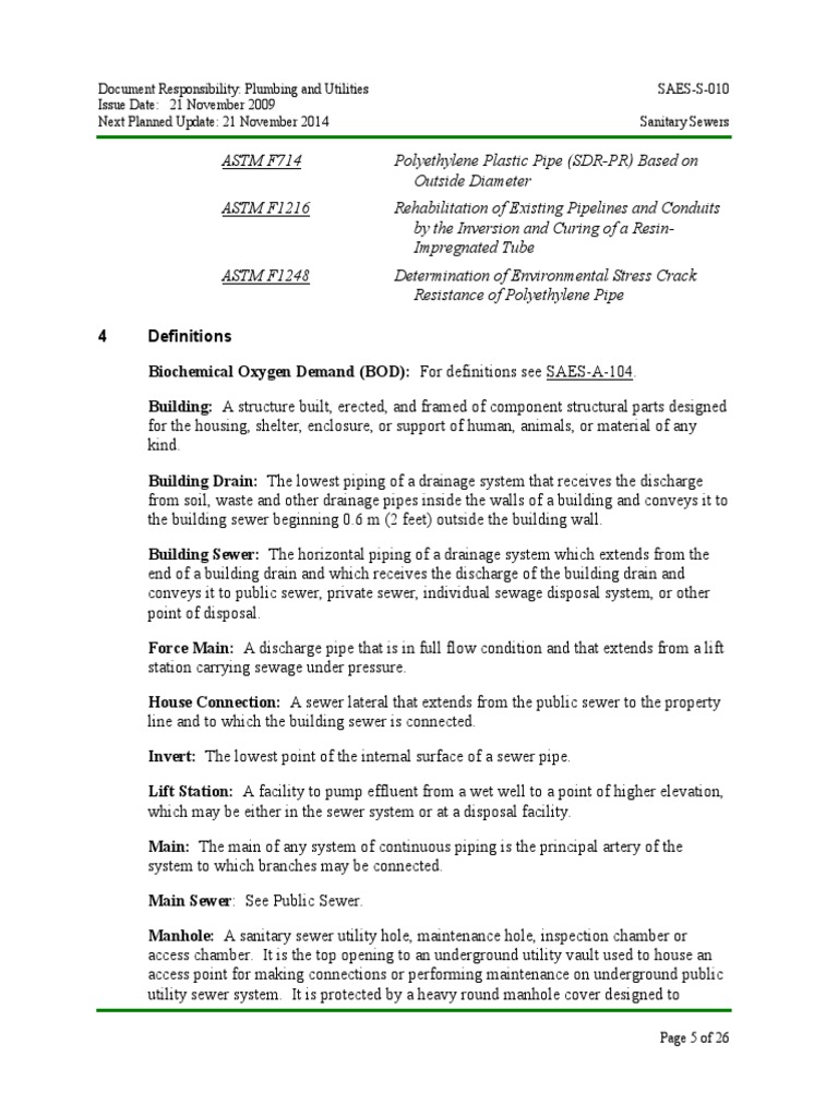 Document Responsibility: Plumbing and Utilities SAES-S-010 Issue Date: 21 November 2009 Next ...